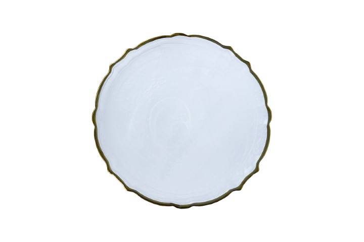 PLATO BASE BLANCO BORDE DORADO RENATA 13″ – Eventos Del Cibao