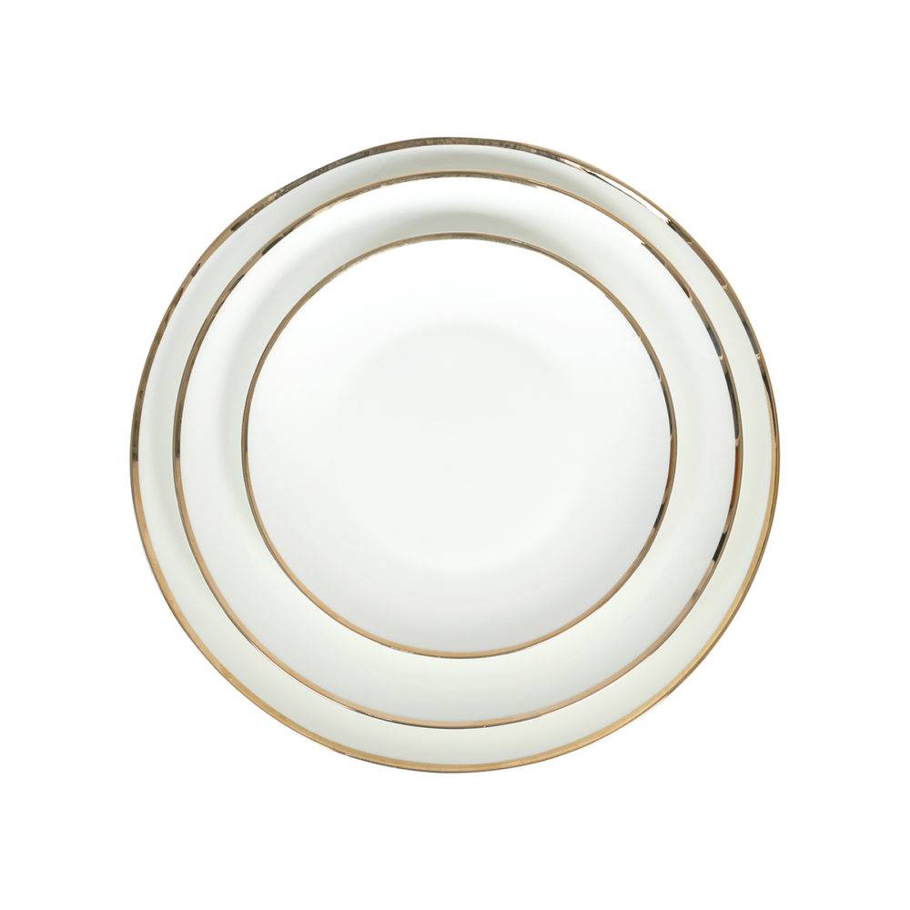 PLATO BASE BLANCO BORDE FINO DORADO 12″ – Eventos Del Cibao