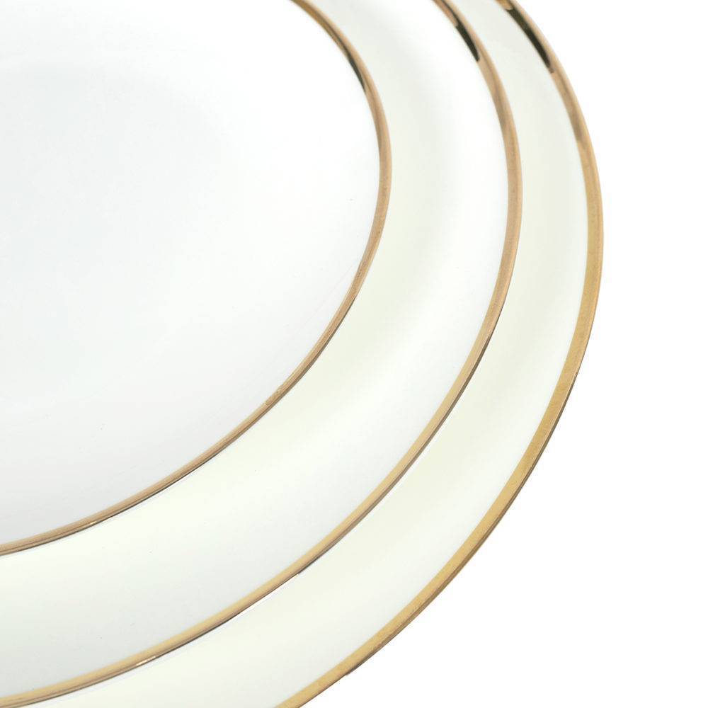 PLATO BASE BLANCO BORDE FINO DORADO 12″ – Eventos Del Cibao
